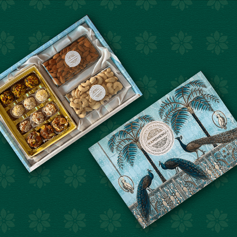 Assorted Ladoos & Dry fruit gifting box - Peacock light blue – Kamdhenu ...